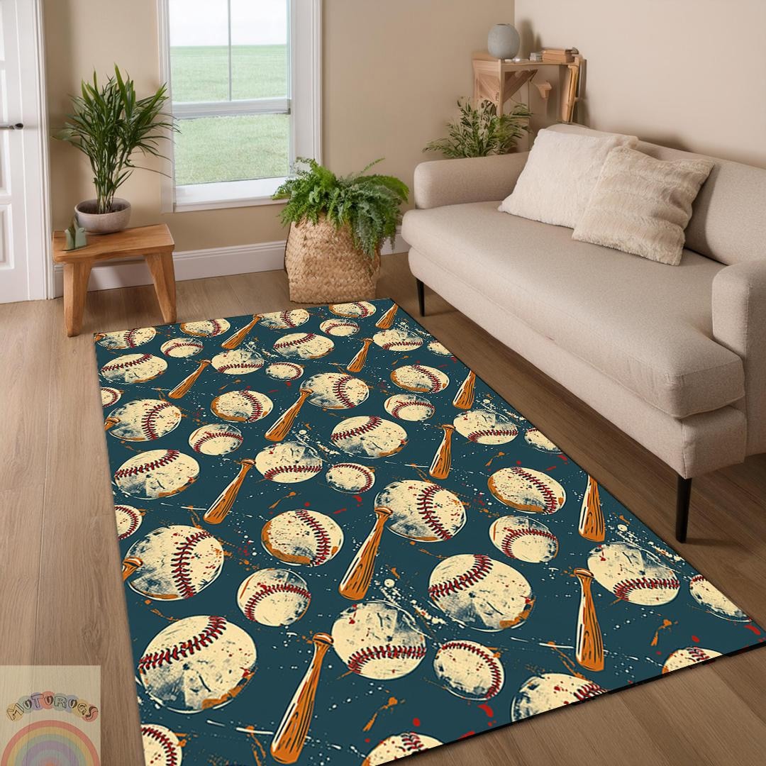 Vintage Baseball Themed Rug - Sports Room Decor, Boys Bedroom Rug ...