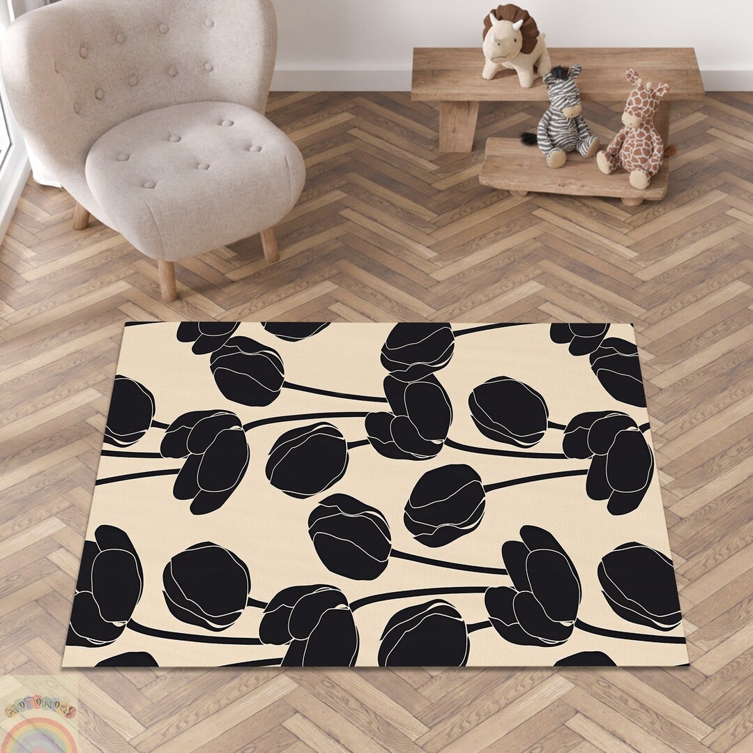 Black Rose Rug, Rose Pattern Rug, Floral Rug, Black Floral Rug, Area ...