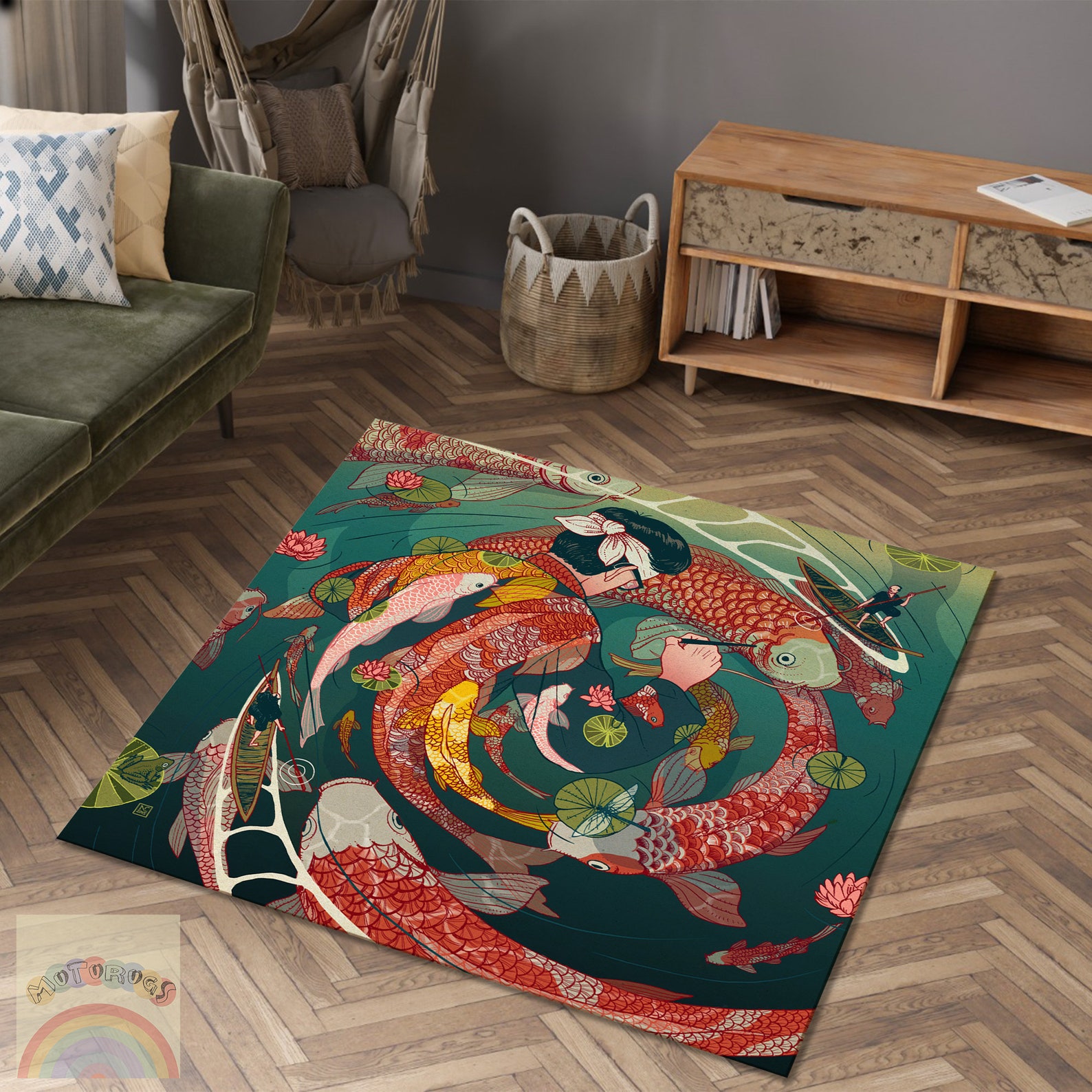 Japanese Art Decor Rug, Koi Fish Carpet, Ukiyo-e Art Decor, Area Carpet ...