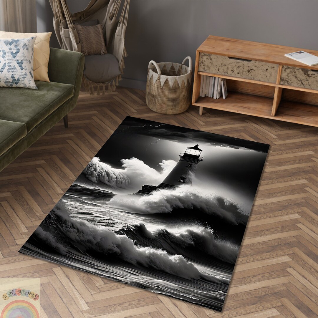 Lighthouse Rug, Stormy Sea Rug, Darkness Design Rug, Nautical Design ...
