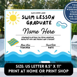 Editable Swimming Award Certificate Template Swimming Lessons ...