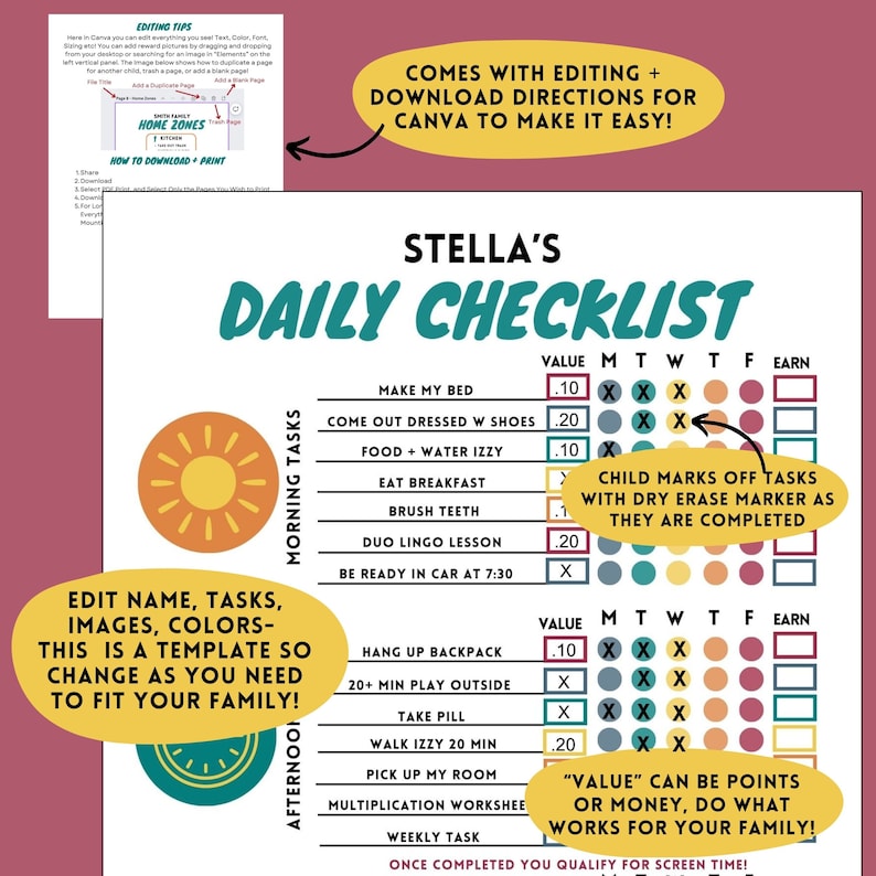 Editable Kids Daily Checklist Chore Chart Picture Chorechart Allowance ...