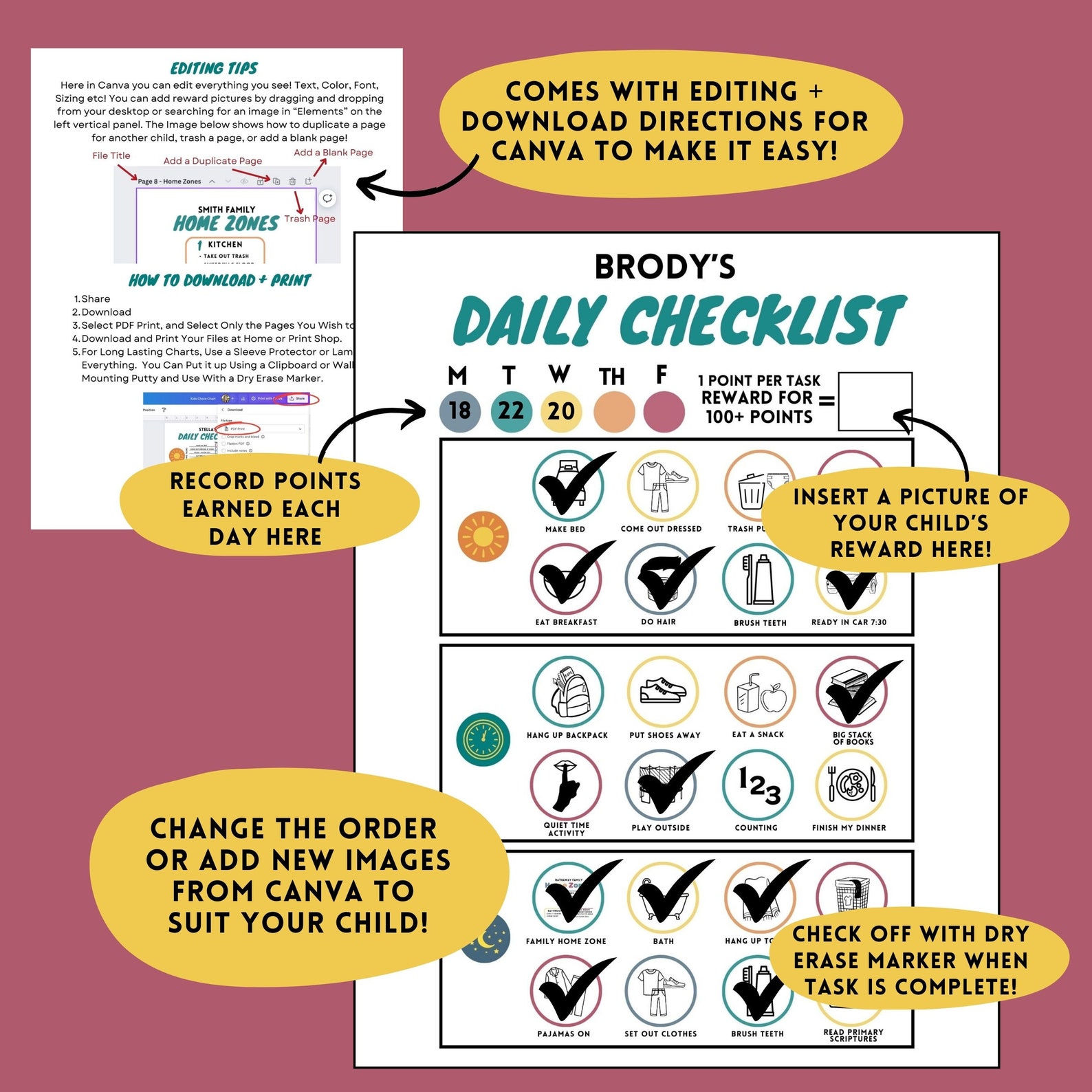Chore Chart for Kids Printable Reward Chart Canva Kids Editable Family ...