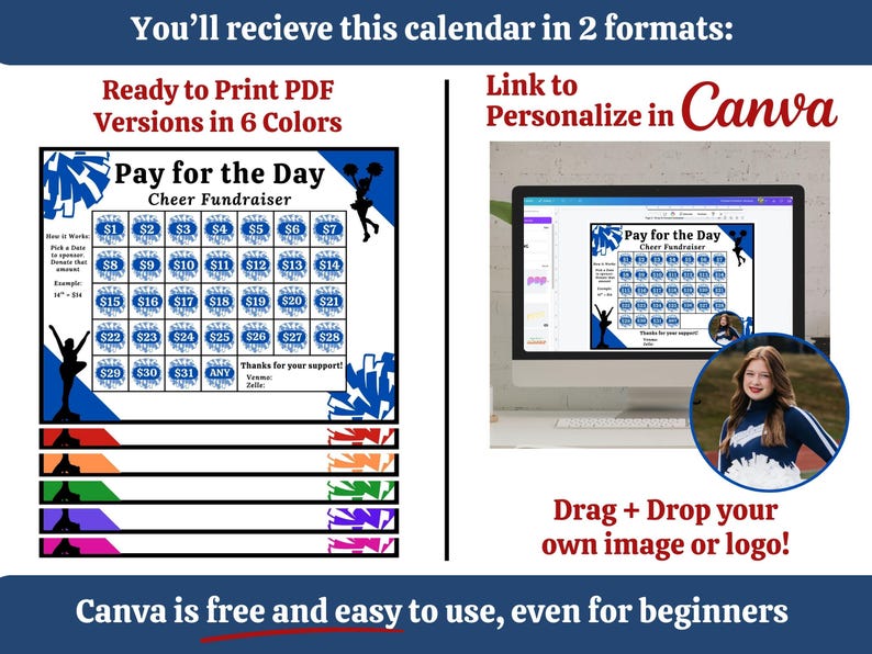 Cheer Fundraiser Calendar Template, Editable Pay for the Day, Pick a ...