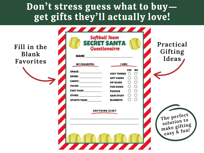 Secret Santa Questionairre, Softball Team Building Activity, Christmas ...