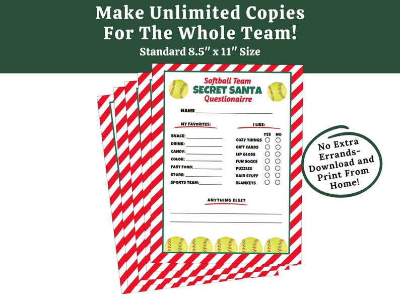 Secret Santa Questionairre, Softball Team Building Activity, Christmas ...
