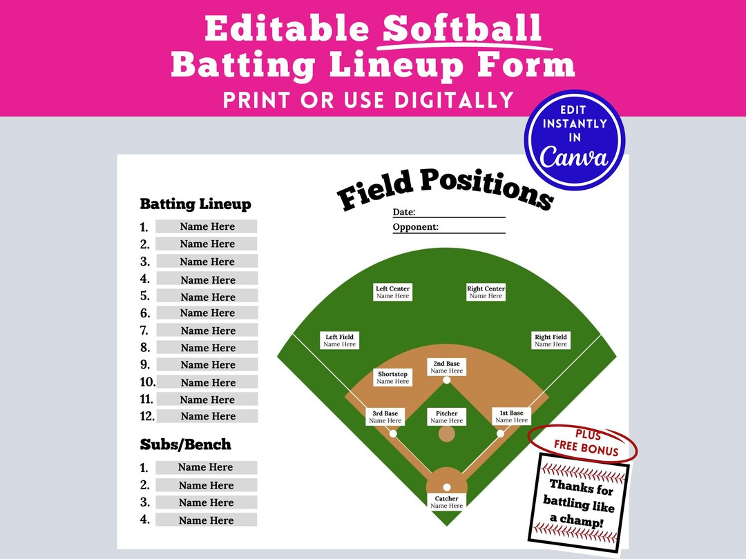 Editable Softball Batting Lineup Softball Field Position, Printable ...