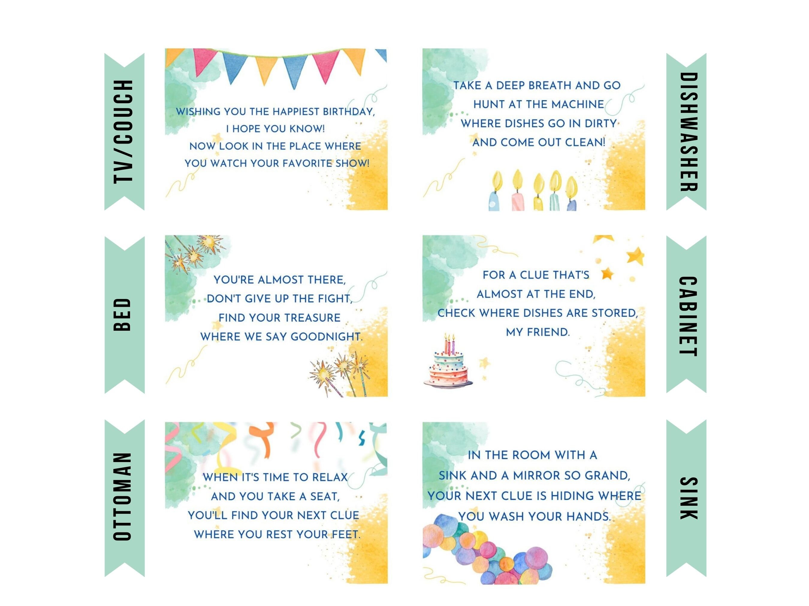 Indoor Birthday Scavenger Hunt Treasure Hunt Clues Printable Clue Cards ...