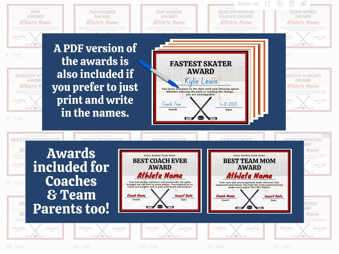Editable Hockey Award Certificates, End of Season Hockey Team Awards ...