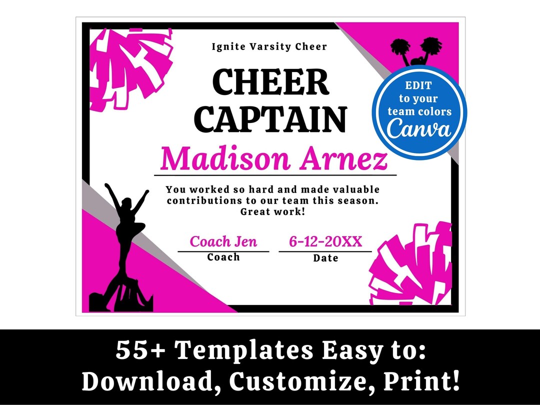 Cheer Team Award Certificate Printable Template, Cheer Squad Editable ...