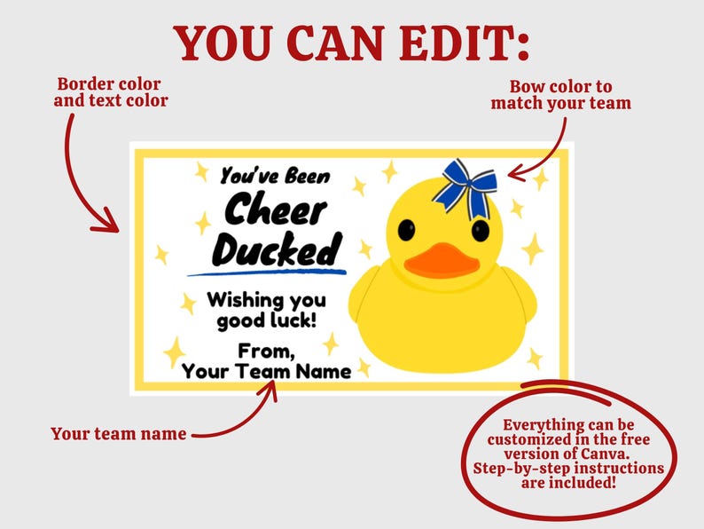 Cheer Duck Tags Printable, Good Luck Duck Canva Template, Cheer ...