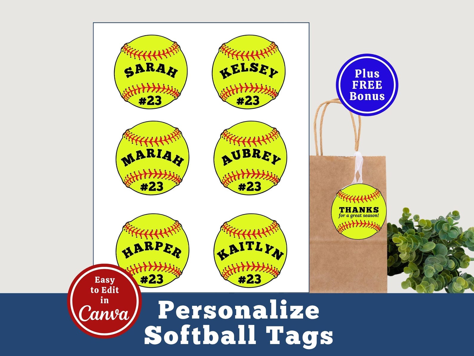 Editable Softball Name Tags, Printable Team Gift Tag, Custom Canva ...