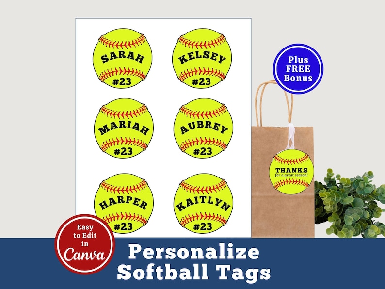 Editable Softball Name Tags, Printable Team Gift Tag, Custom Canva ...