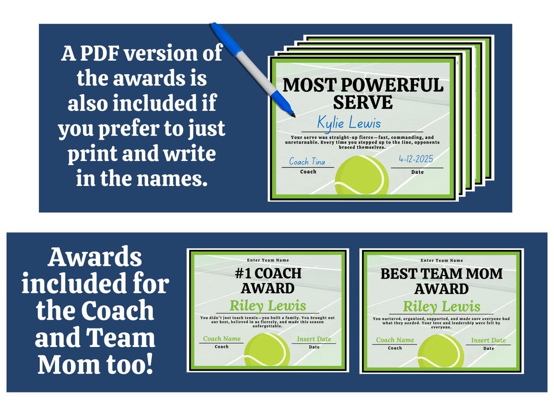 Editable Tennis Award Certificates, End of Season Tennis Team Awards ...