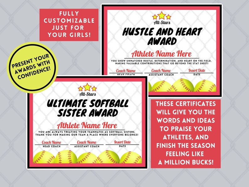 Editable Softball Award Certificate Template Softball Team Award ...