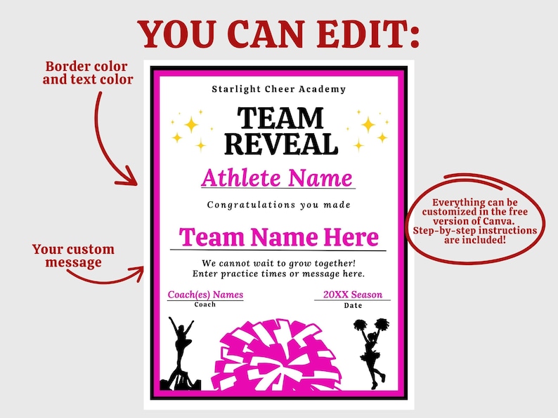 Cheer Team Reveal Template, Editable Cheer Tryout Flyer, Canva Team ...