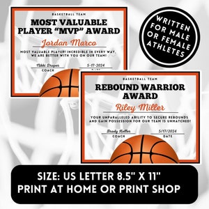 Basketball Award Certificate Editable Award Ceremony Printable End of ...