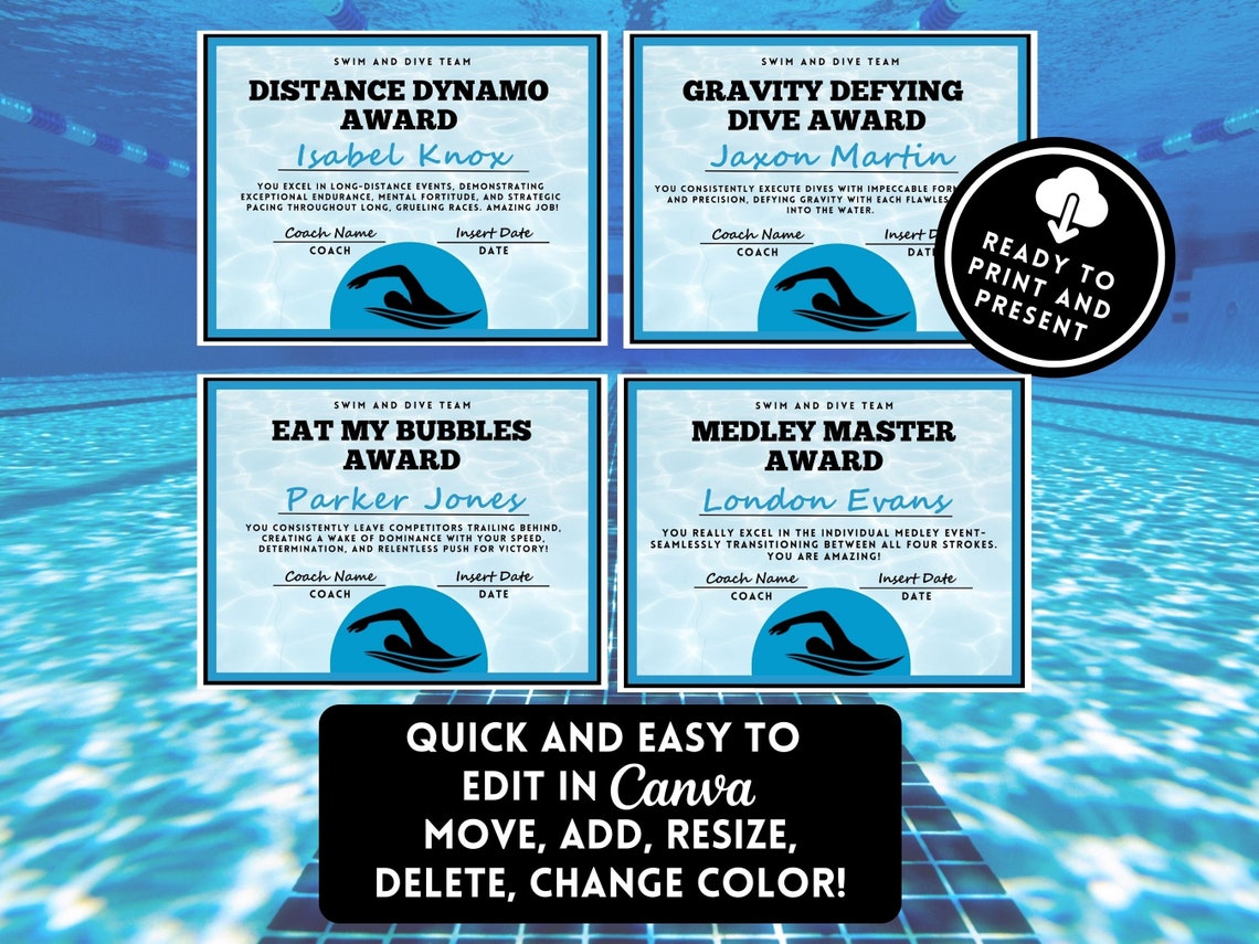Swimming Award Certificate Editable Swimming Award Ceremony Printable ...