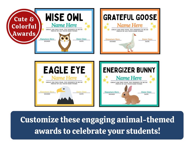 Editable Animal Student Awards, Printable End of Year Certificates ...