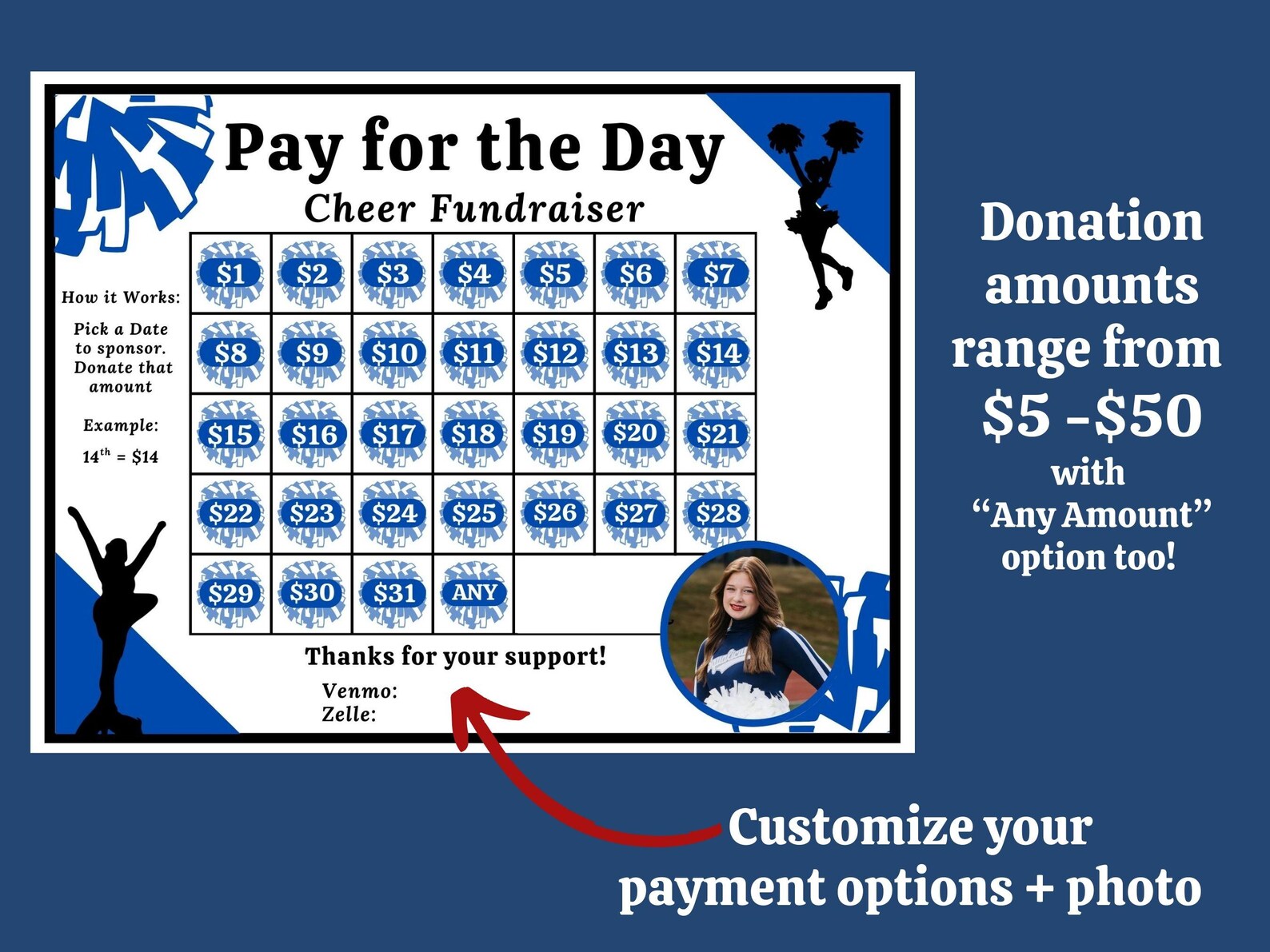 Cheer Fundraiser Calendar Template, Editable Pay for the Day, Pick a ...