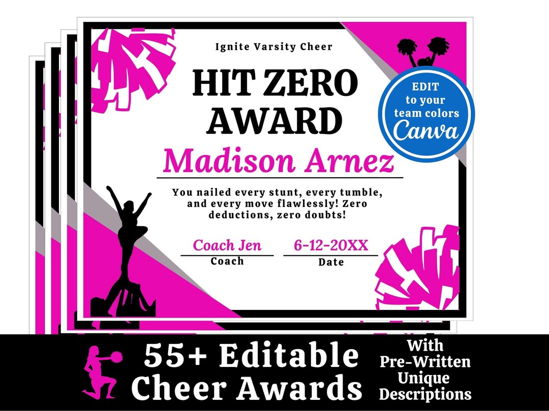 Editable Cheerleading Award Certificates Cheer Team Awards Cheerleading ...