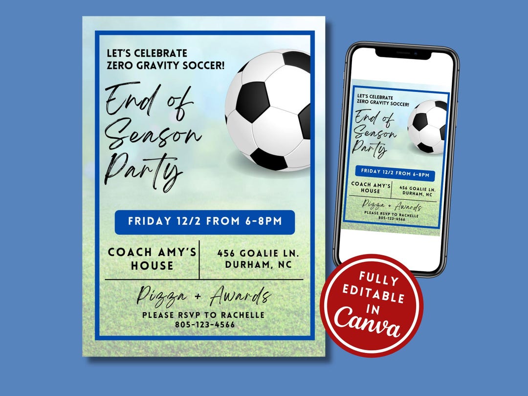 EDITABLE Soccer Team Party Invitation End of Season Party Invite Soccer ...