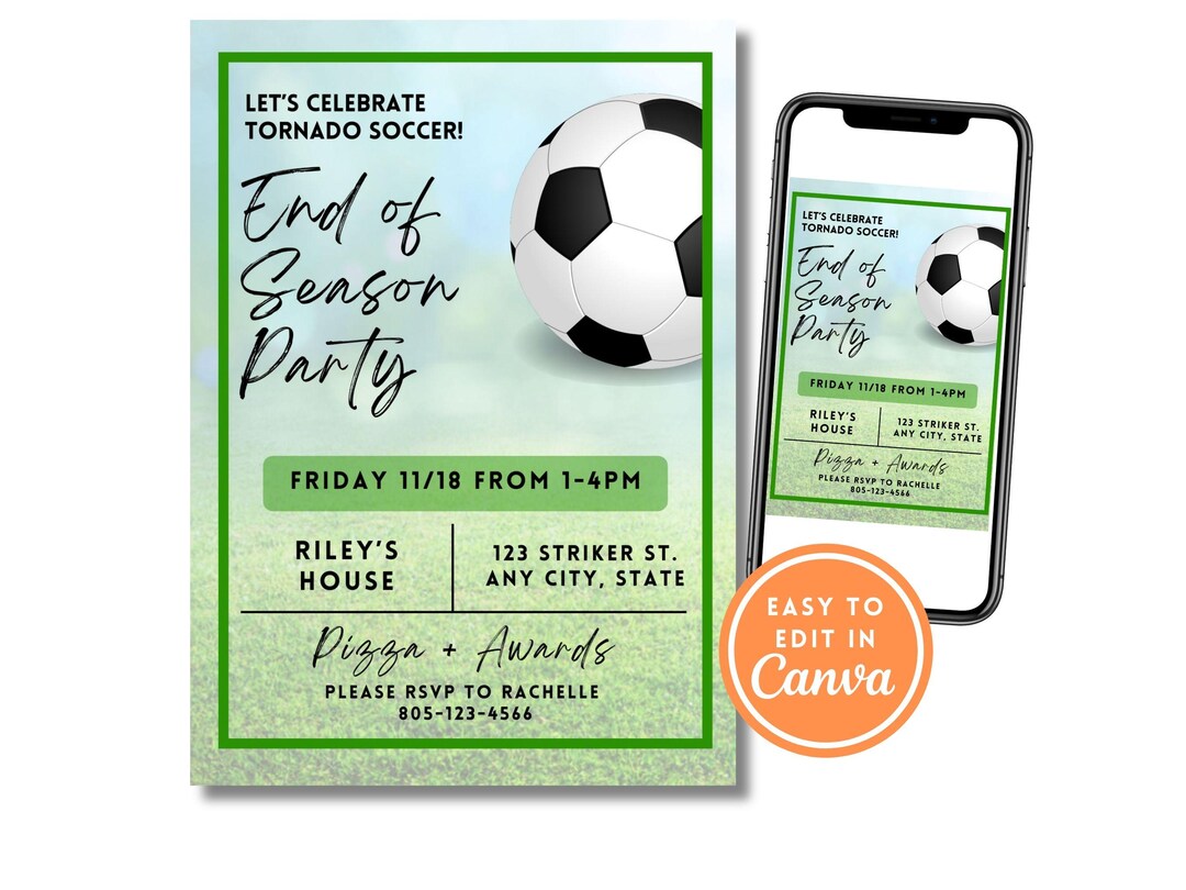 EDITABLE End of Season Party Soccer Team Party Invitation Invite Soccer ...
