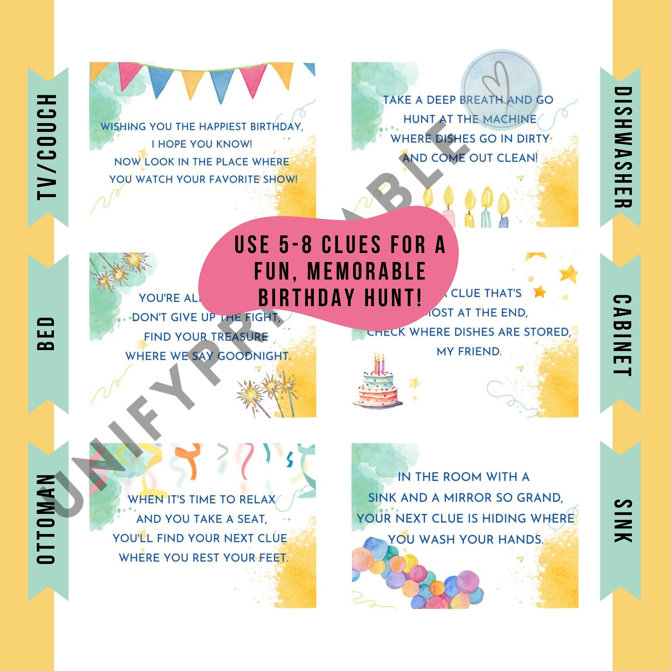 Indoor Birthday Scavenger Hunt Treasure Hunting Clues, Printable Clues ...