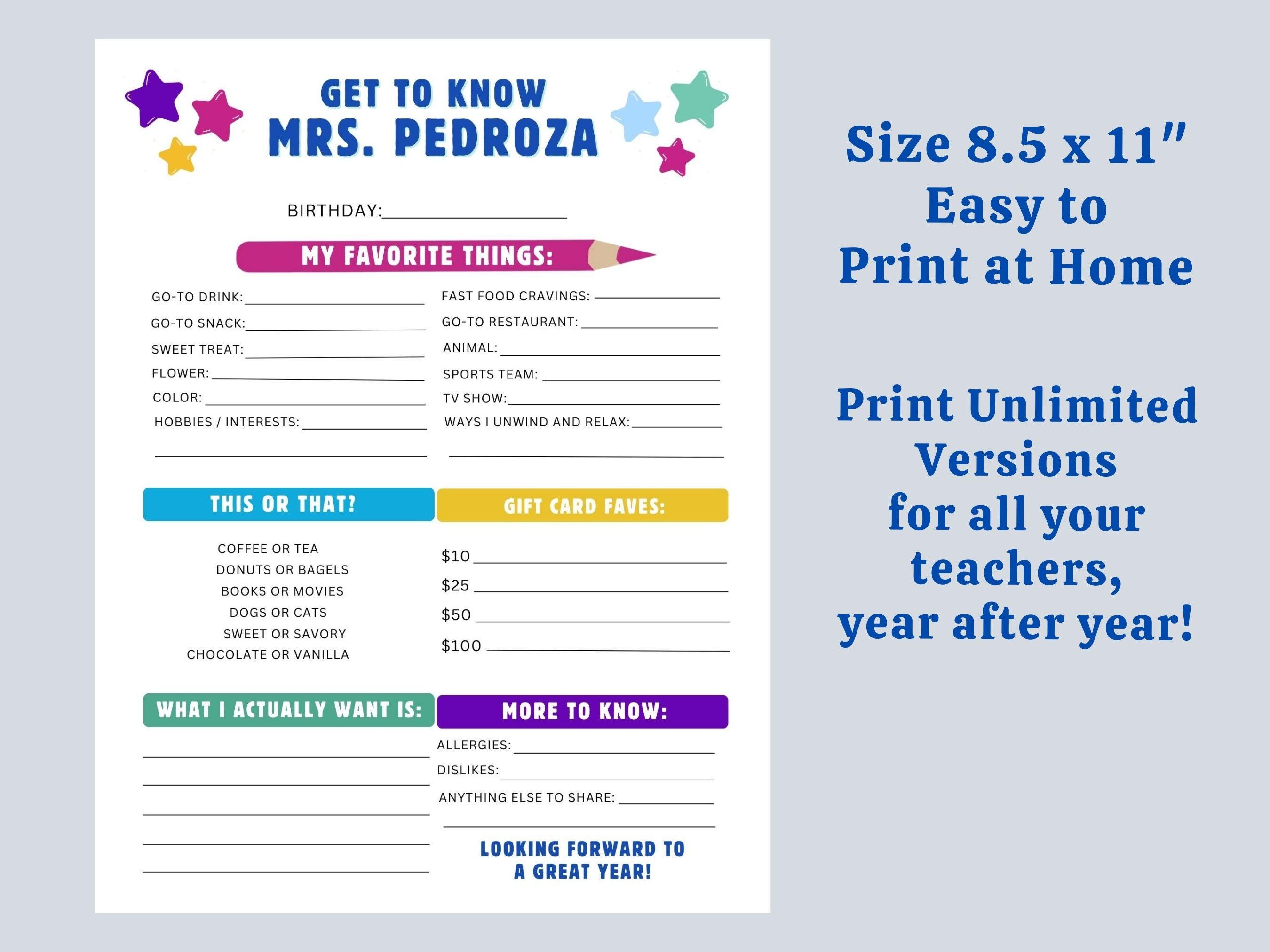 All About My Teacher, Favorites Printable Survey, Back to School Get to ...