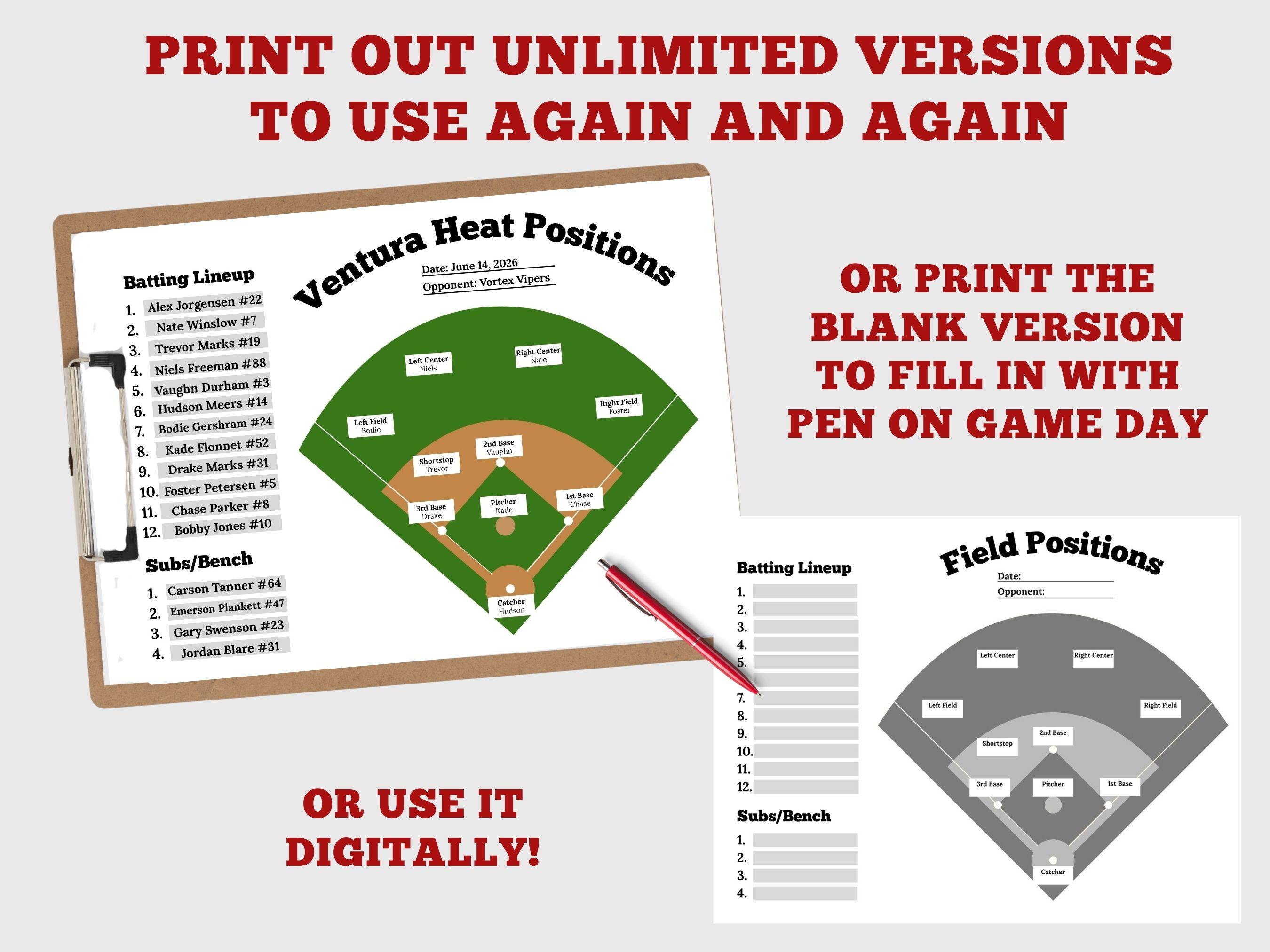 Editable Softball Batting Lineup Softball Field Position, Printable ...