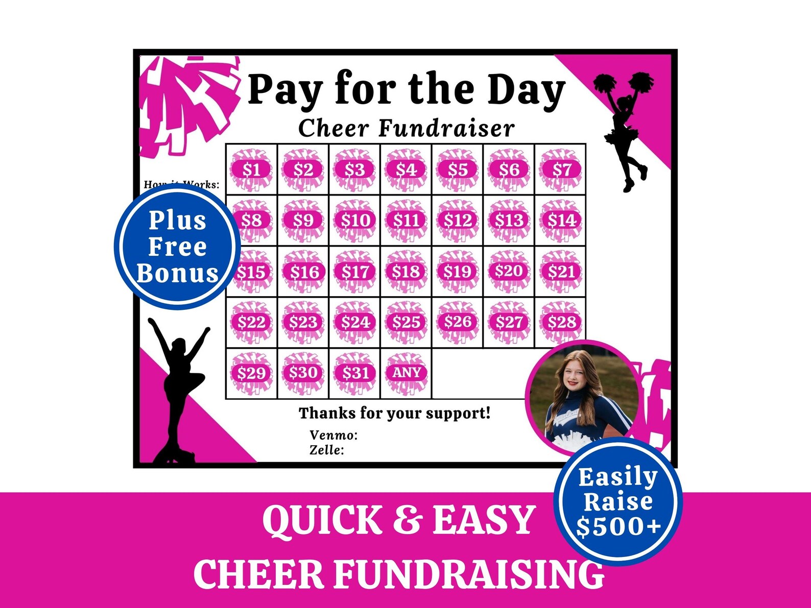 Cheer Fundraiser Calendar Template, Editable Pay for the Day, Pick a ...