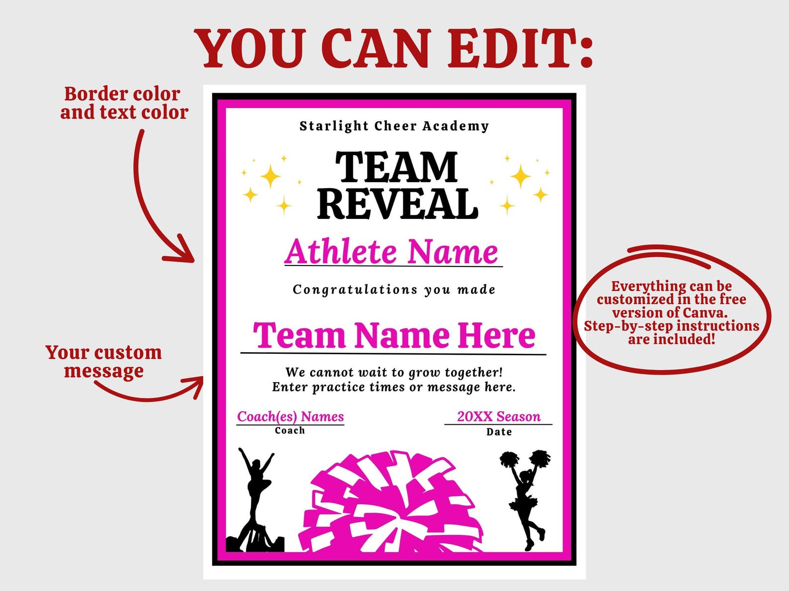 Cheer Team Reveal Template, Editable Cheer Tryout Flyer, Canva Team ...
