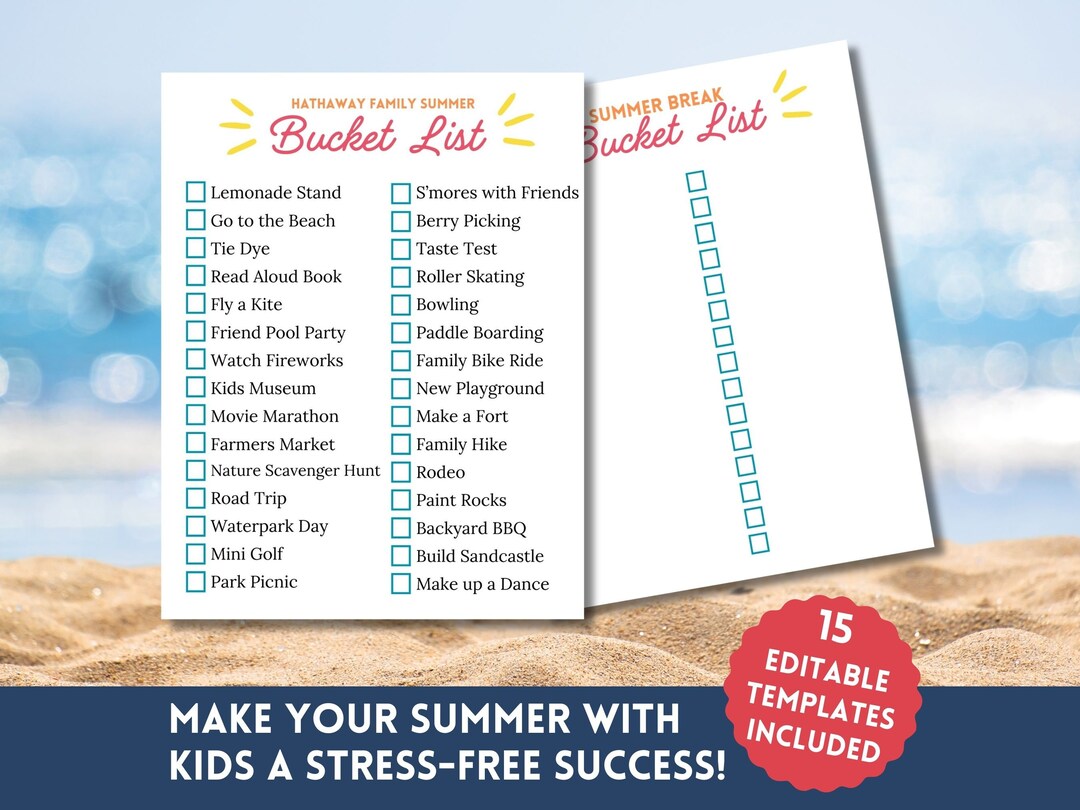 Printable Summer Bucket List Template Editable Summer Planner for Kids ...