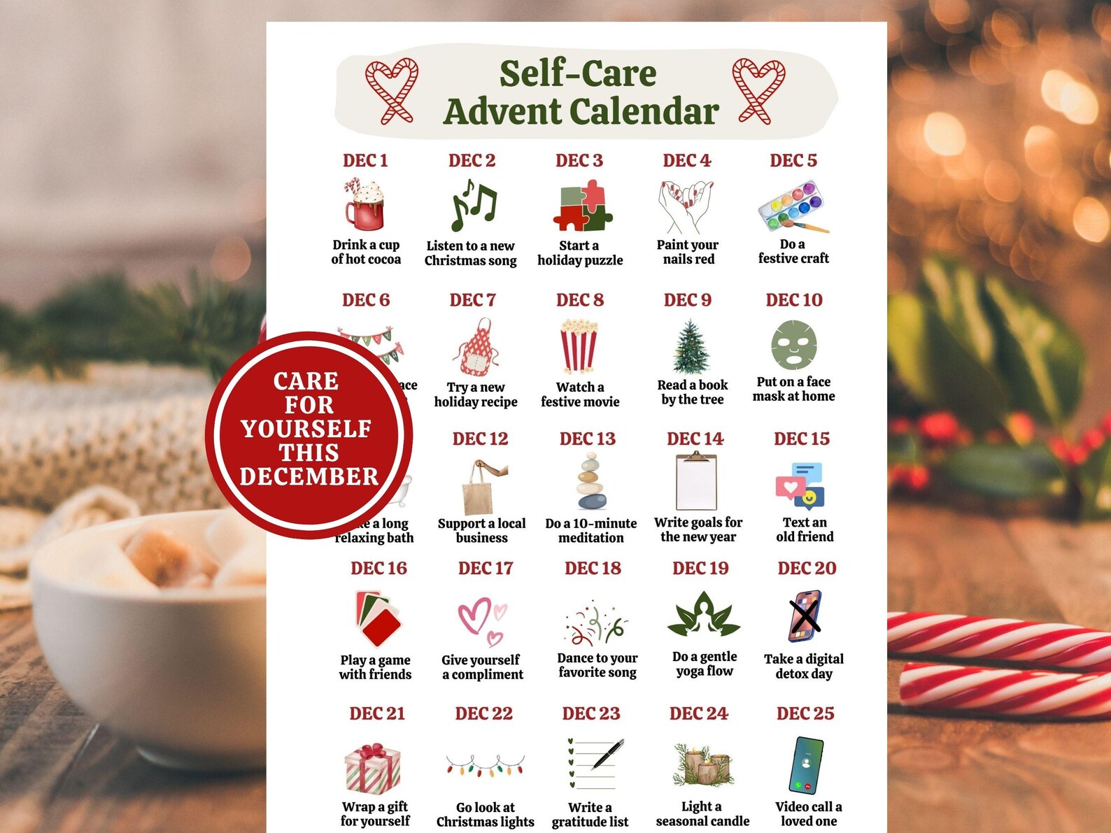 Self Care Advent Calendar Printable for Her Christmas Countdown ...