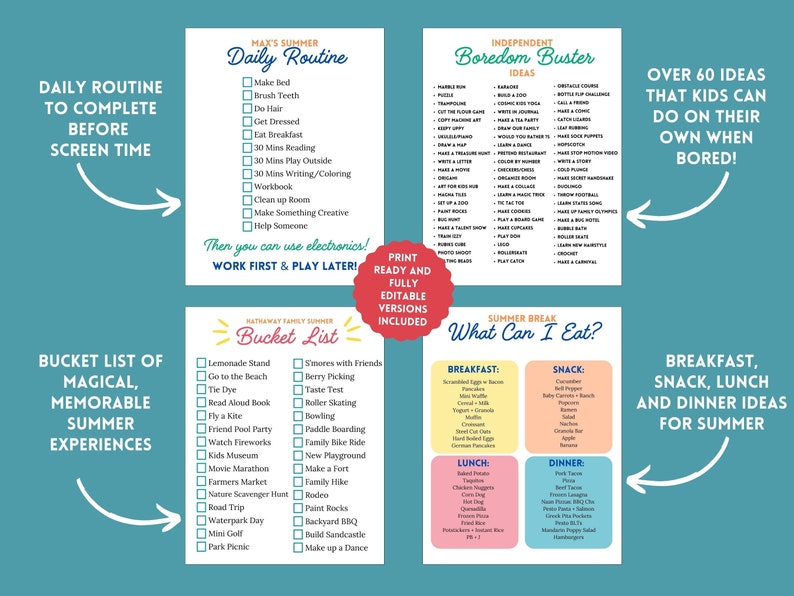 Printable Summer Bucket List Template Editable Summer Planner for Kids ...