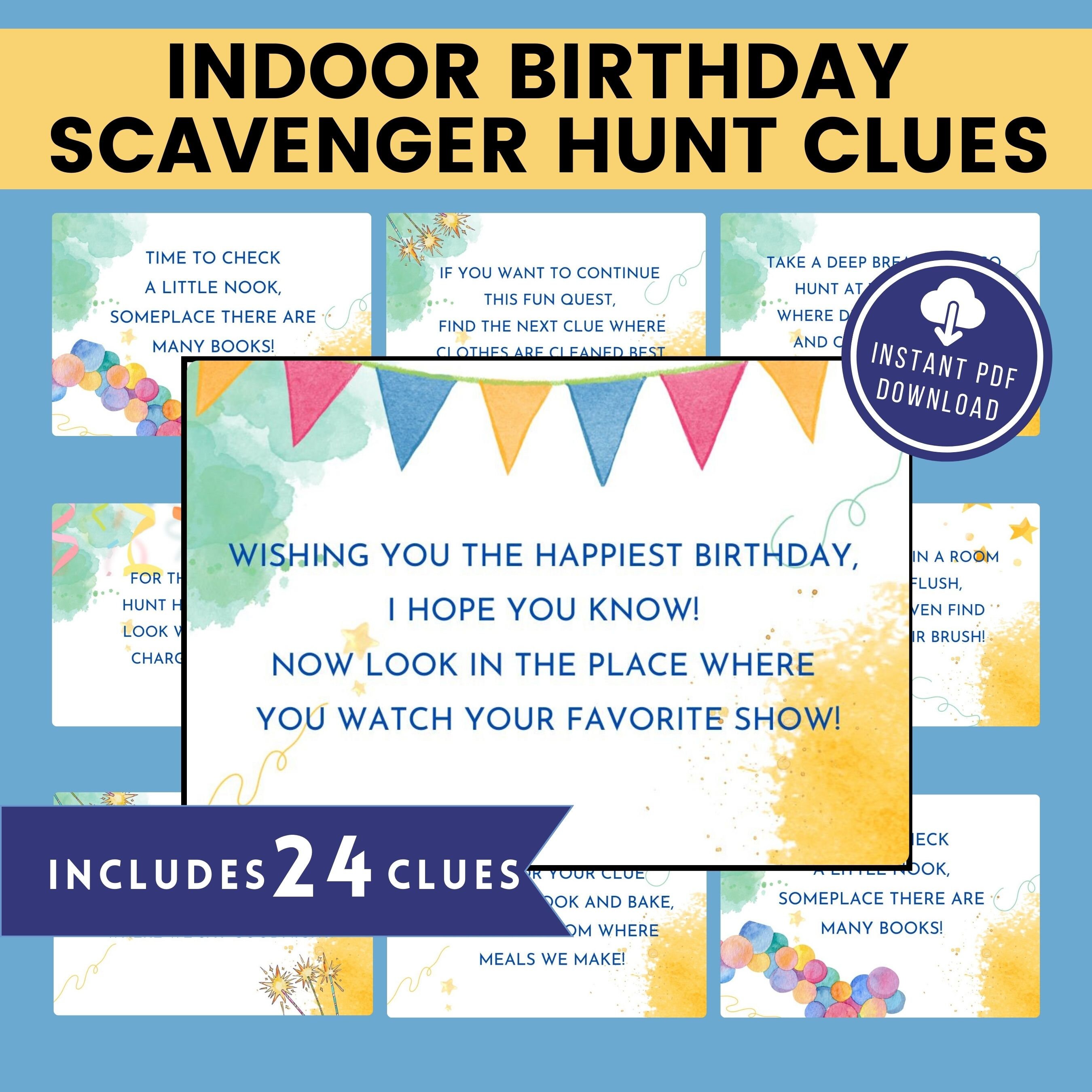 Indoor Birthday Scavenger Hunt Treasure Hunting Clues, Printable Clues ...