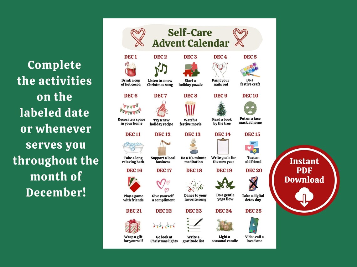 Self Care Advent Calendar Printable for Her Christmas Countdown ...