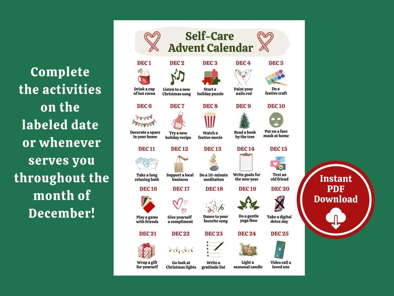 Self Care Advent Calendar Printable for Her Christmas Countdown ...