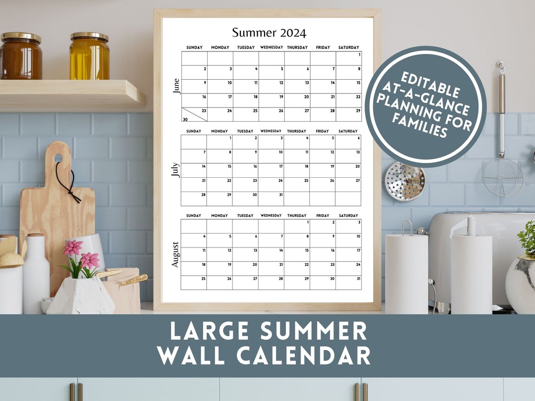 Editable Summer Calendar 2024 Large Wall Calendar Printable for Summer ...