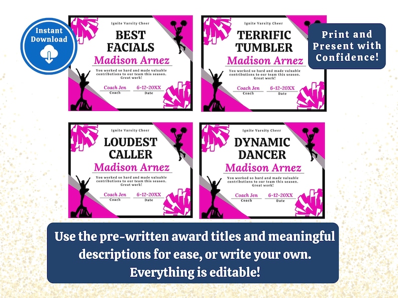 Editable Cheerleading Award Certificates Cheer Team Awards Cheerleading ...