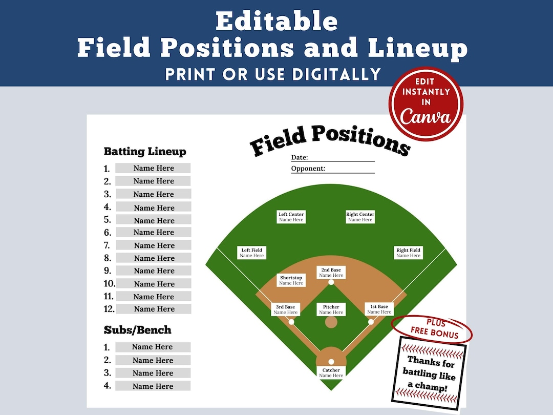 Editable Baseball Batting Lineup Softball Field Position, Printable ...