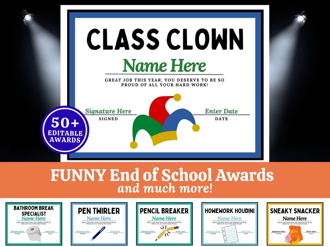 Funny Classroom Award Certificates Editable in Canva, End of School ...