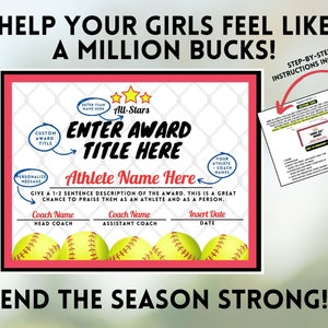 Editable Softball Award Certificate Template Softball Team Award ...