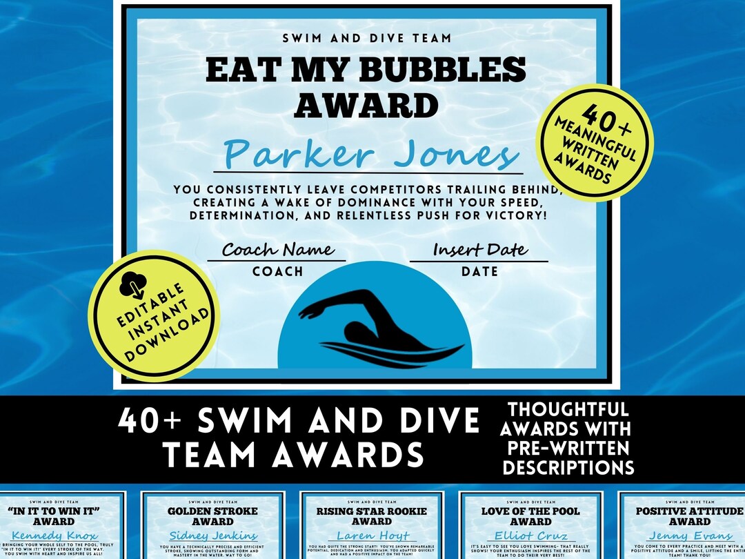 Swim Team Award Certificate Template Editable Swimming Award Ceremony ...