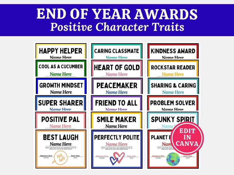 Classroom Award Certificates Editable in Canva, End of School Year ...