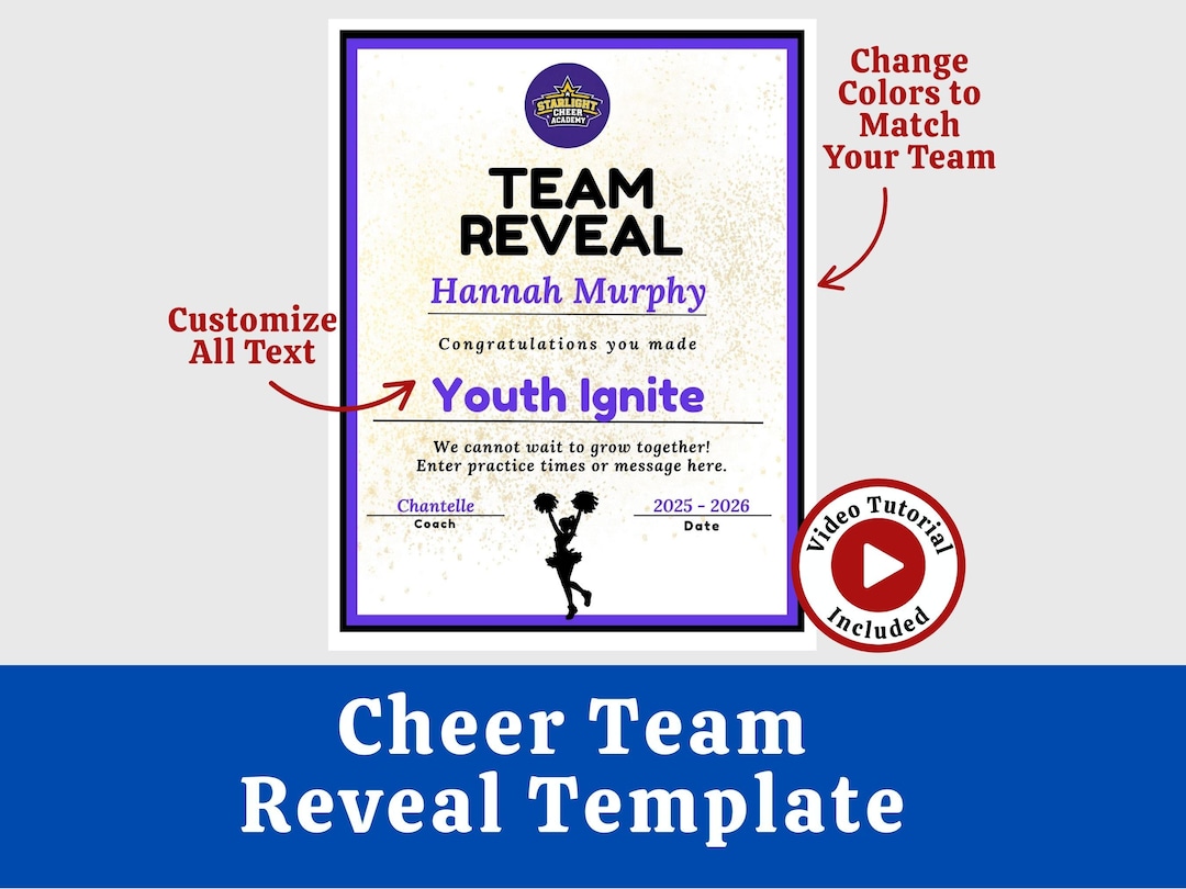 Cheer Team Roster Reveal Form, Add Your Logo Template, Editable Canva ...