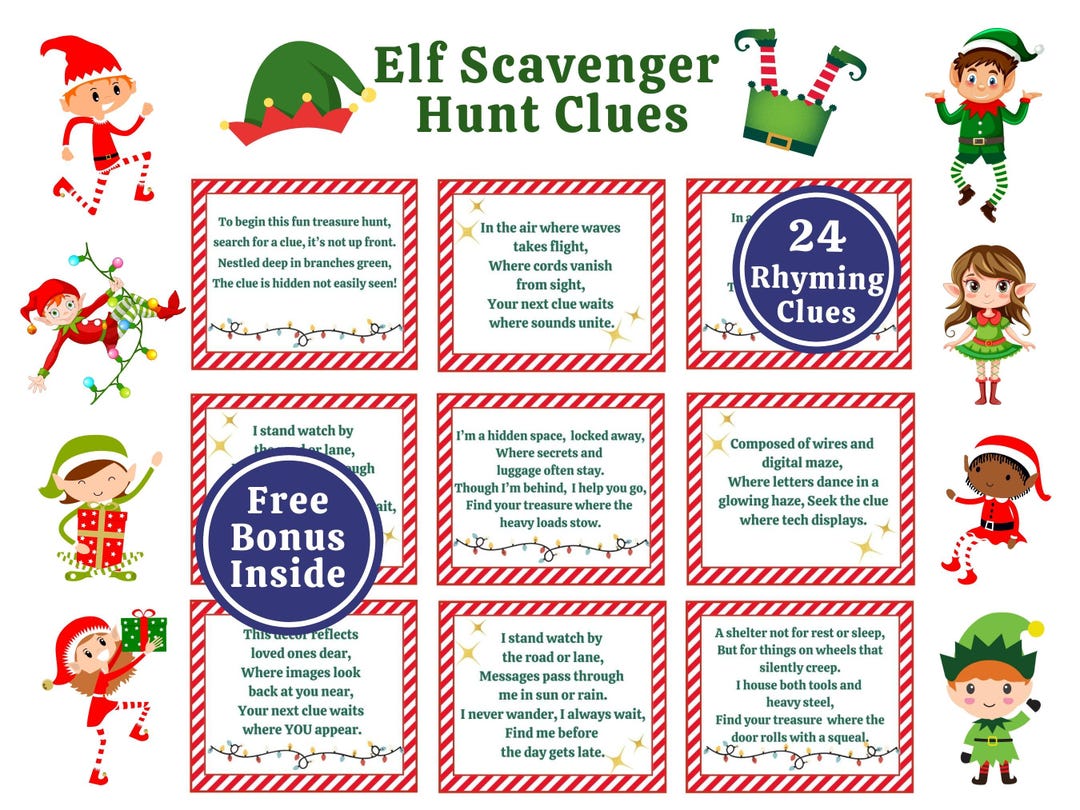 Elf Scavenger Hunt Clues for for Kids Christmas Scavenger Hunting Xmas ...