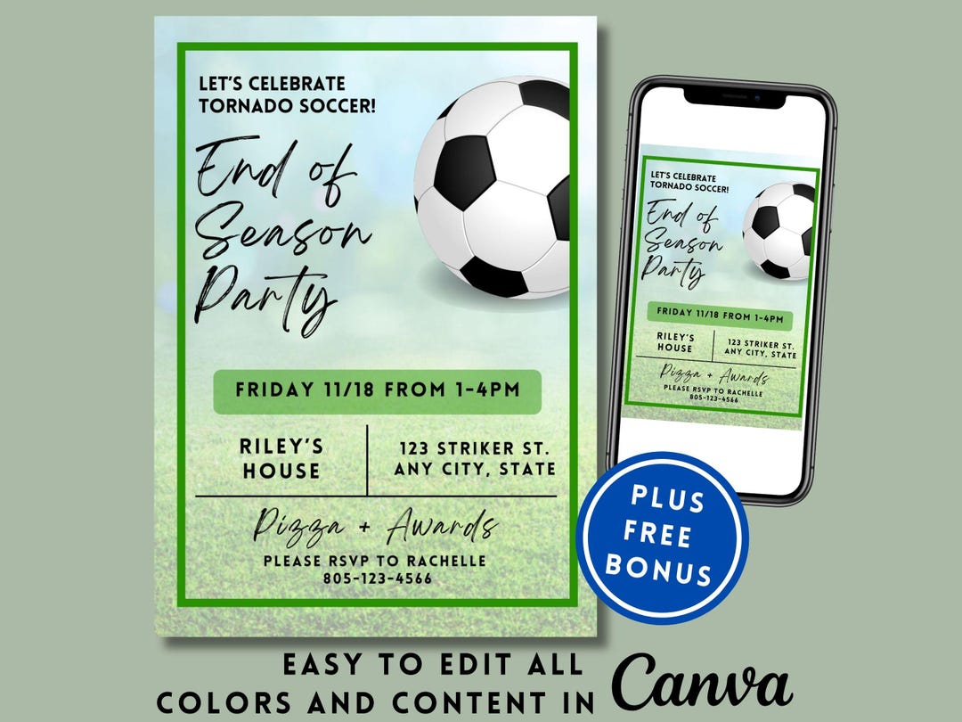 EDITABLE Soccer Team Party Invitation End of Season Party Invite Soccer ...