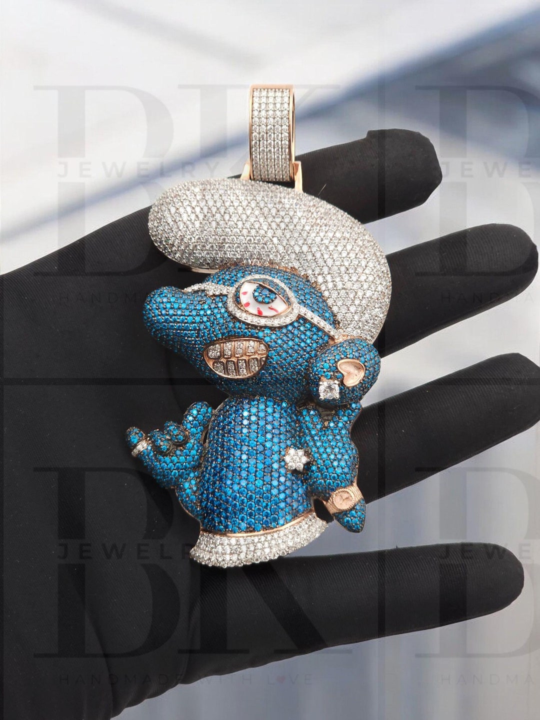 Iced Out 3D Toon Pendant: Blue & White CZ, 925 Silver, Rose Gold Finish ...
