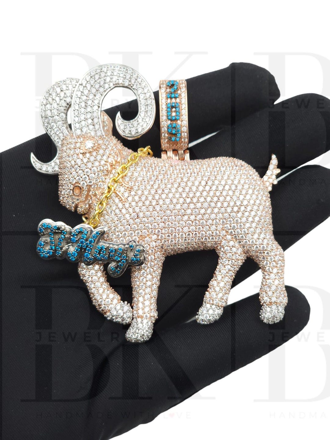 Moissanite Diamond Goat Pendant: Custom Letter 925 Silver, 14k Rose ...